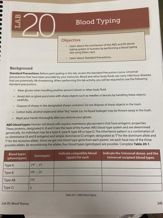 Solved LAB 20 Blood Typing Objective • Learn about the | Chegg.com