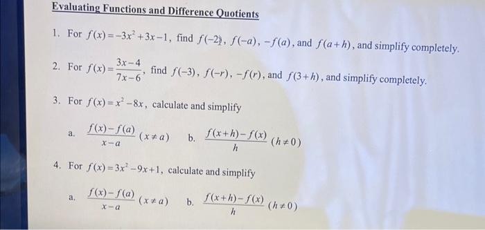 Solved Evaluating Functions and Difference Quotients 1. For | Chegg.com