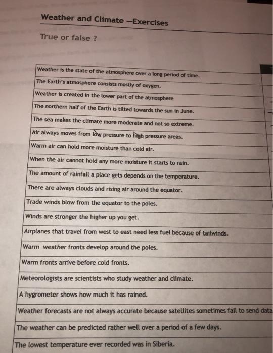 Solved Weather and Climate -Exercises True or false ? | Chegg.com