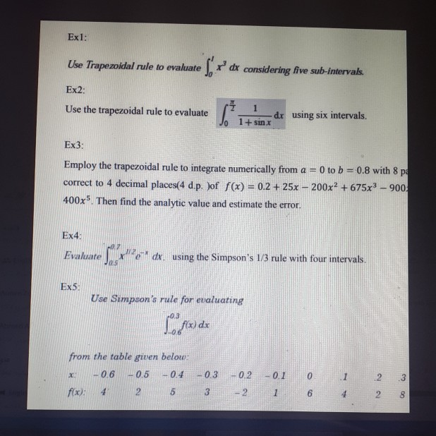 Solved Exl: Use Trapezoidal rule to evaluate ('3" dx | Chegg.com