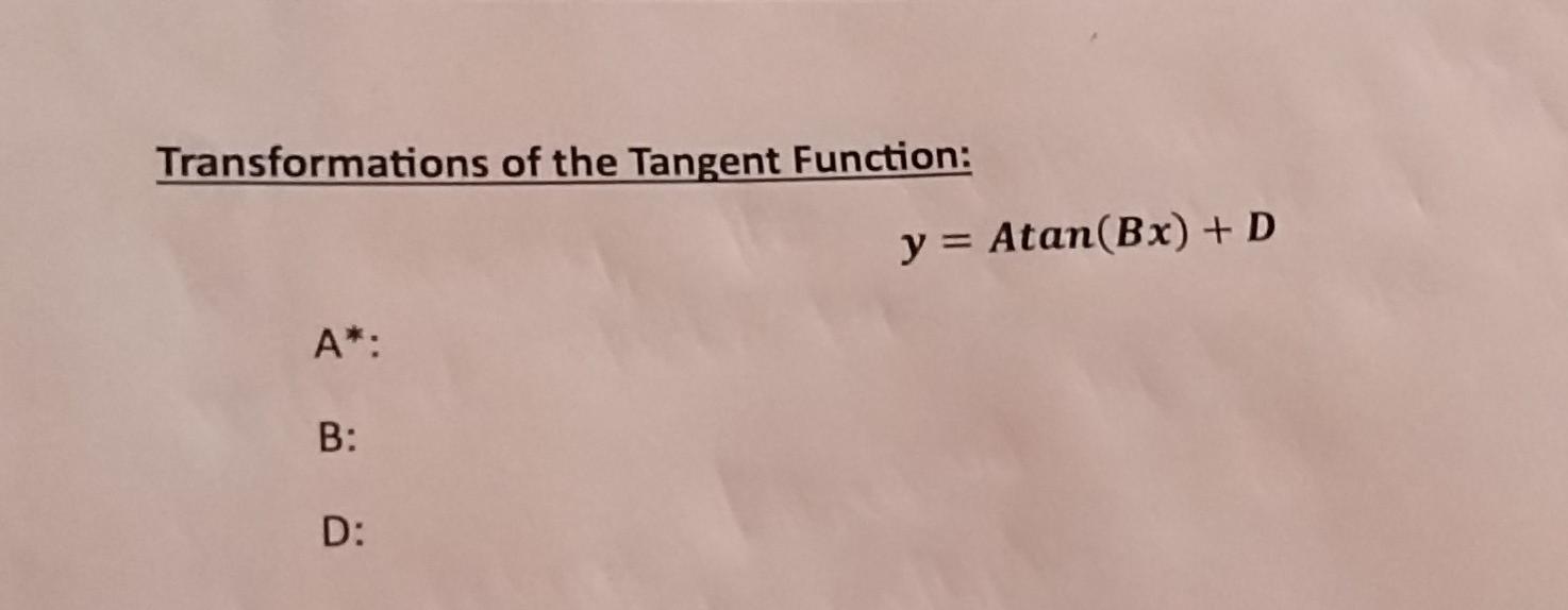 Solved Transformations of the Tangent Function: y=Atan(Bx)+D | Chegg.com