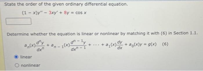 Solved State the order of the given ordinary differential | Chegg.com