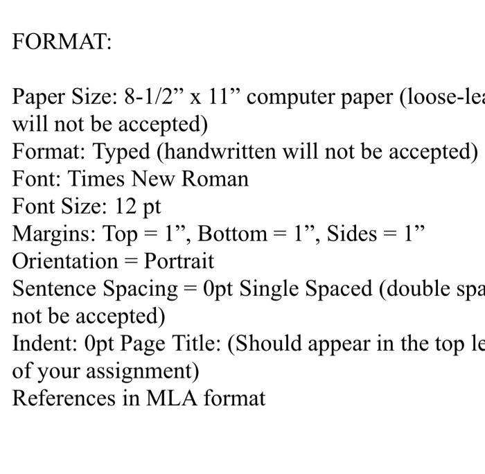 Solved FORMAT: Paper Size: 8-1/2” x 11" computer paper | Chegg.com