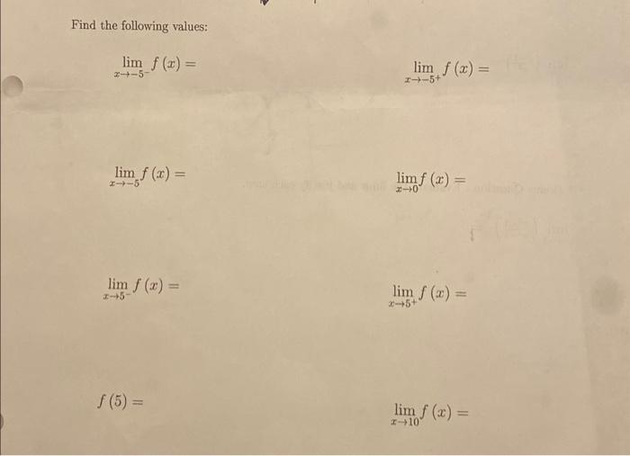 Find the following values: limx→−5−f(x)=limx→−5+f(x)= | Chegg.com