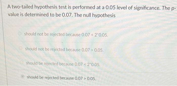 Solved A Two Tailed Hypothesis Test Is Performed At A 0 05