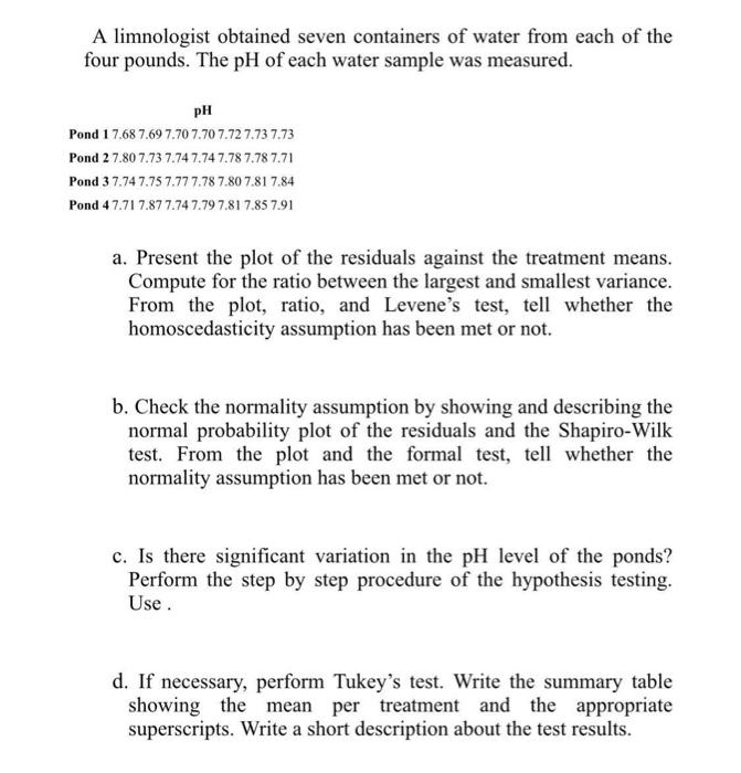 Solved A limnologist obtained seven containers of water from | Chegg.com