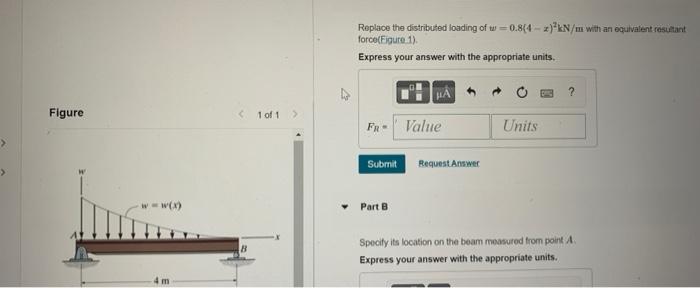Solved Replace the distributed loading of w=0.8(4−x)2kN/m | Chegg.com
