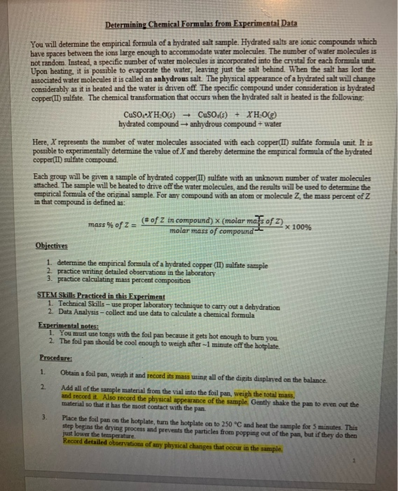 Determining Chemical Formulas from Experimental Data | Chegg.com
