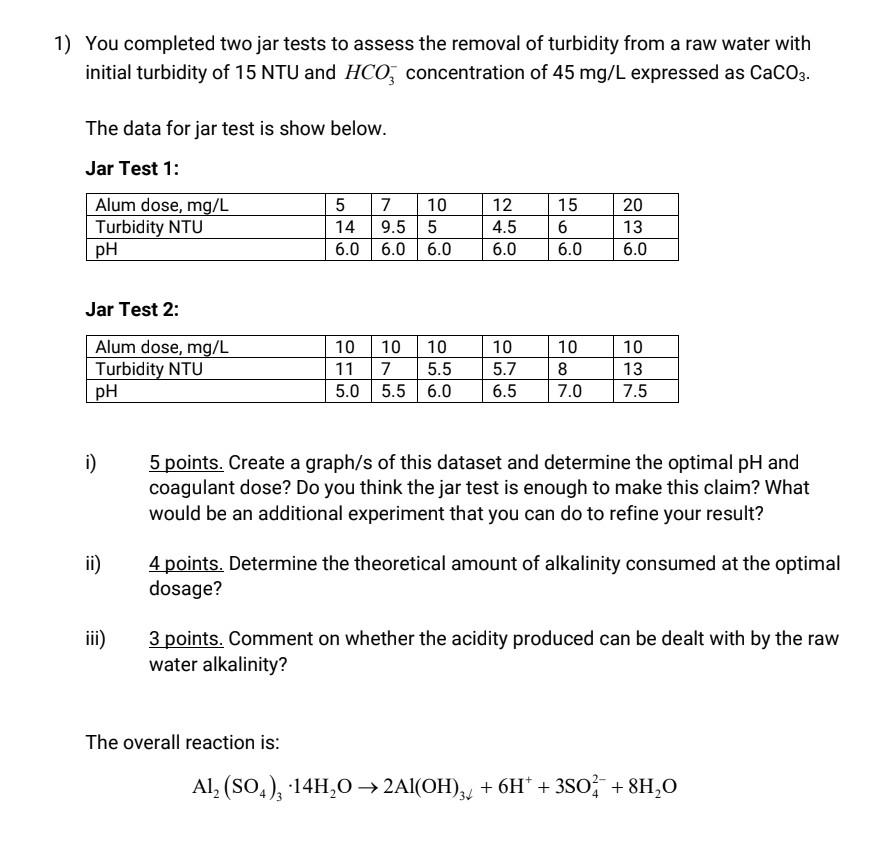 Solved You completed two jar tests to assess the removal of | Chegg.com