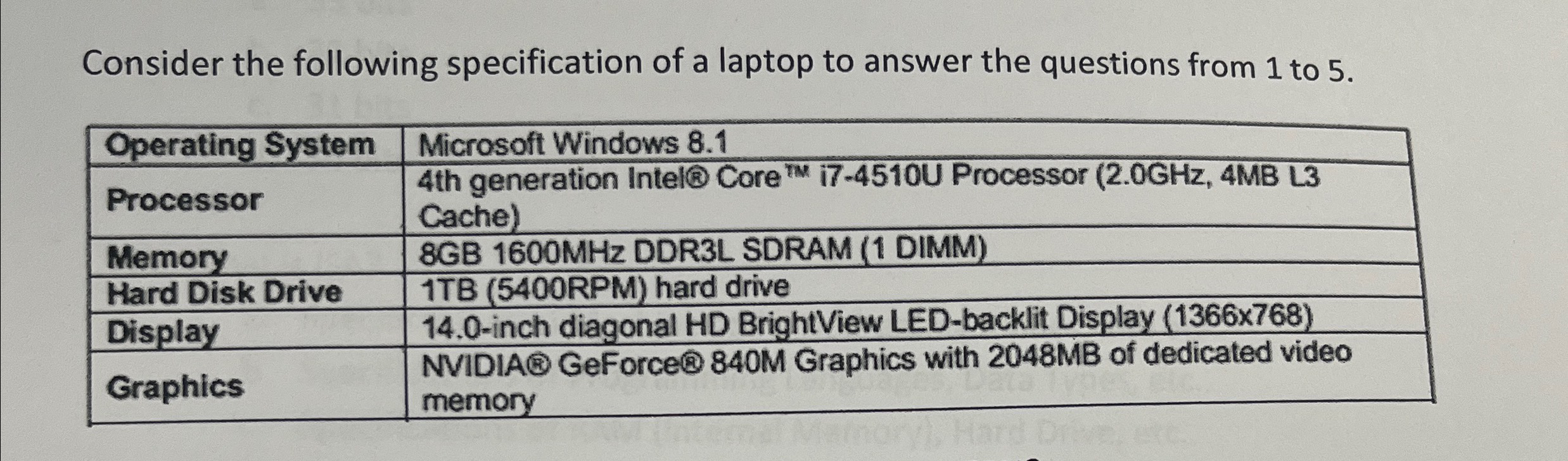 Solved Consider the following specification of a laptop to | Chegg.com