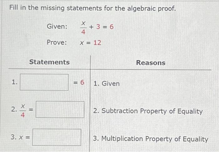 Solved Fill in the missing statements for the algebraic | Chegg.com