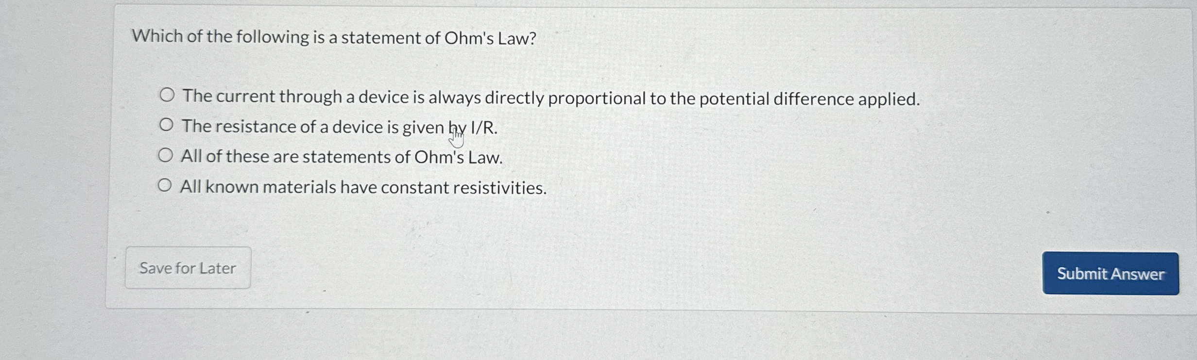 Solved Which of the following is a statement of Ohm's | Chegg.com