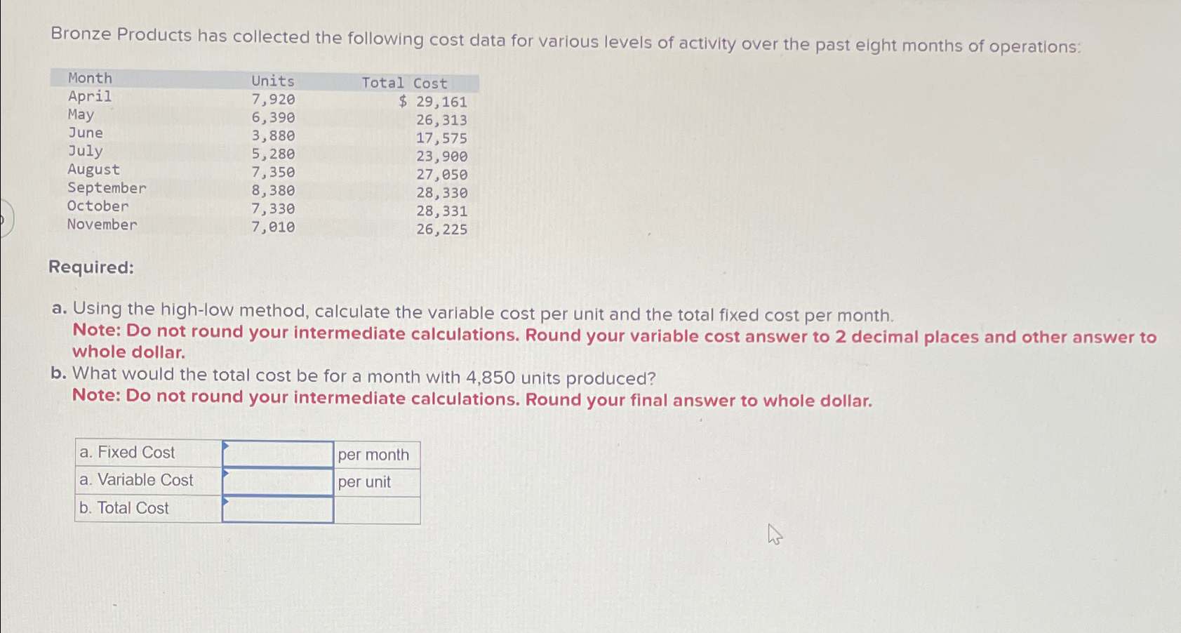 Solved Bronze Products has collected the following cost data | Chegg.com