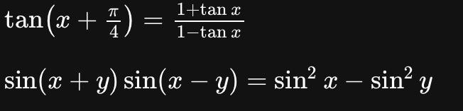Solved tan(x+4π)=1−tanx1+tanxsin(x+y)sin(x−y)=sin2x−sin2y | Chegg.com