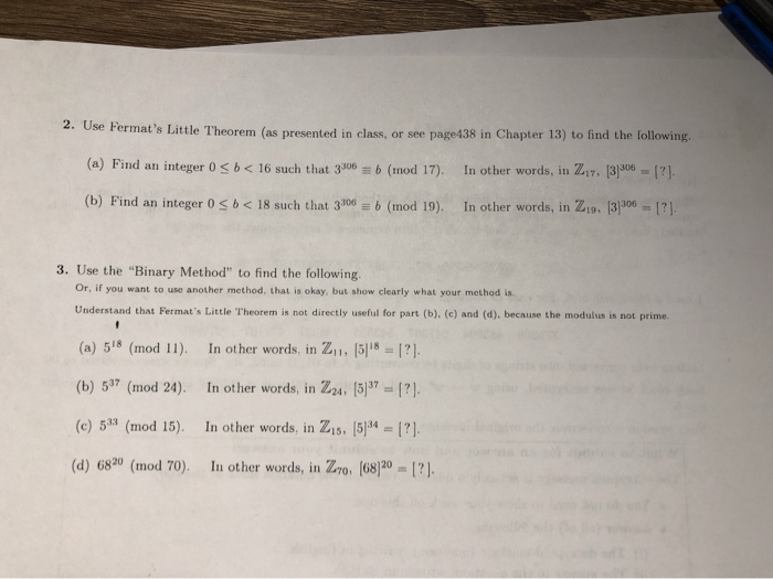 Solved 2. Use Fermat's Little Theorem (as presented in | Chegg.com