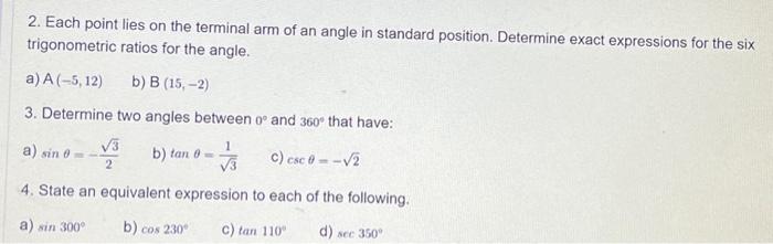 Solved 2. Each point lies on the terminal arm of an angle in | Chegg.com