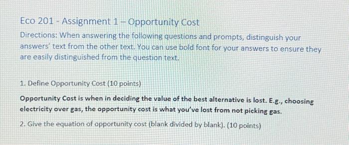 Solved Eco 201 - Assignment 1 -Opportunity Cost Directions: | Chegg.com