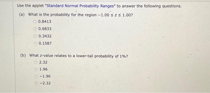 Solved Use the applet "Standard Normal Probability Ranges" | Chegg.com
