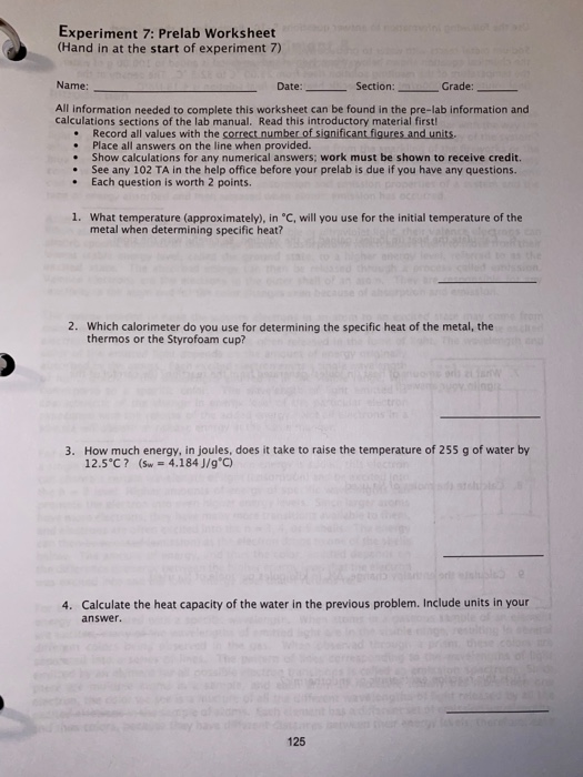 Solved: Experiment 7: Prelab Worksheet (Hand In At The Sta... | Chegg.com