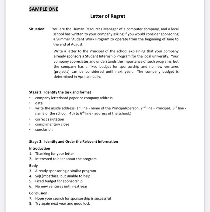 Solved Letter of Regret Situation: You are the Human | Chegg.com