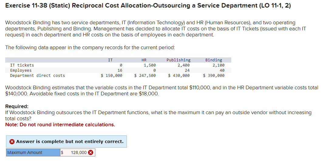 Solved Exercise 11-38 (Static) ﻿Reciprocal Cost | Chegg.com