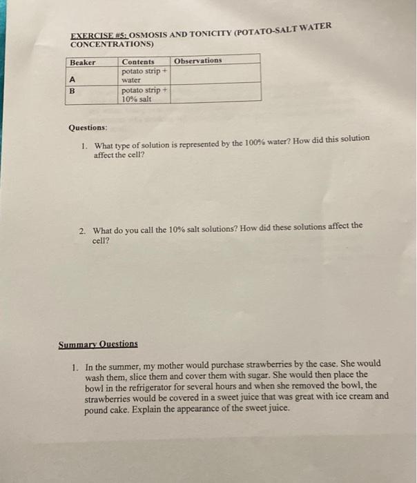 EXERCISE #5: OSMOSIS AND TONICITY (POTATO-SALT WATER | Chegg.com