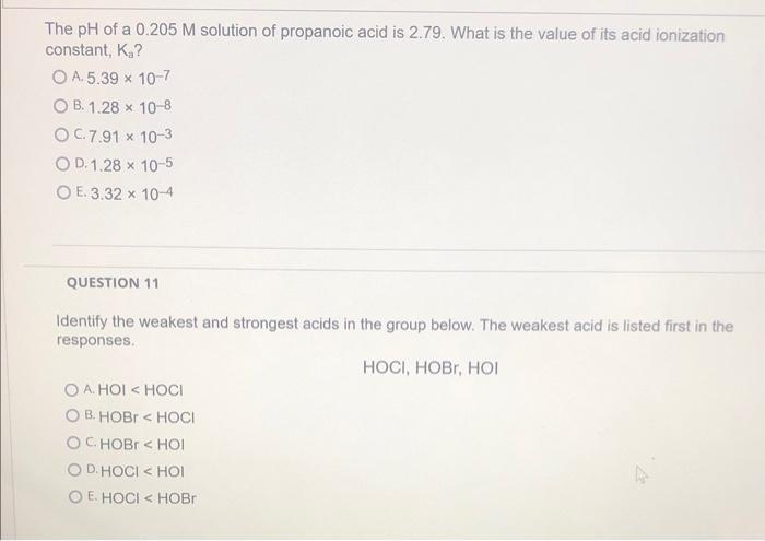 Solved The pH of a 0.205 M solution of propanoic acid is | Chegg.com