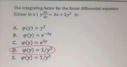 Solved The integrating factor for the linear differential | Chegg.com