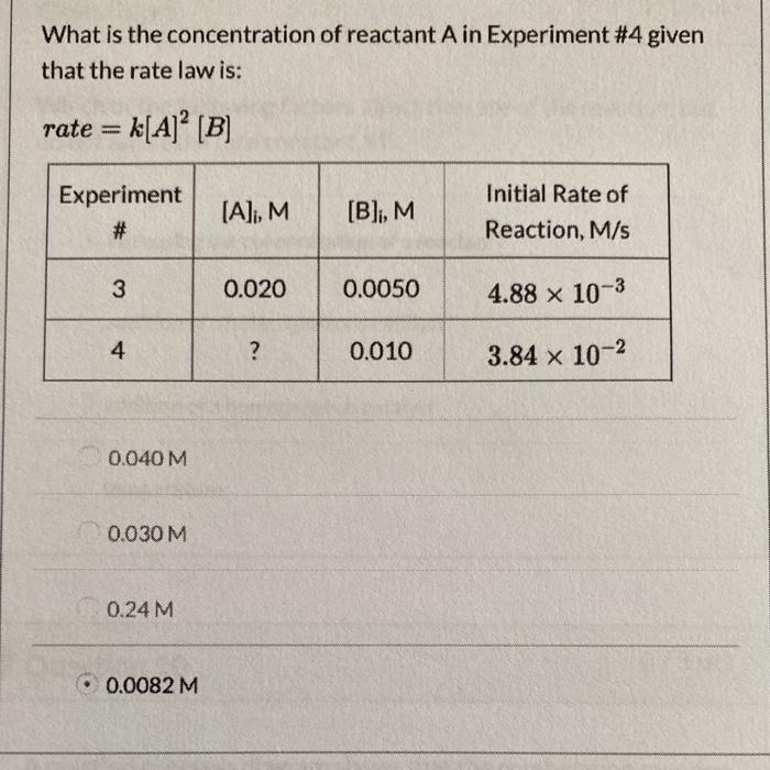 Solved What is the concentration of reactant A in Experiment | Chegg.com