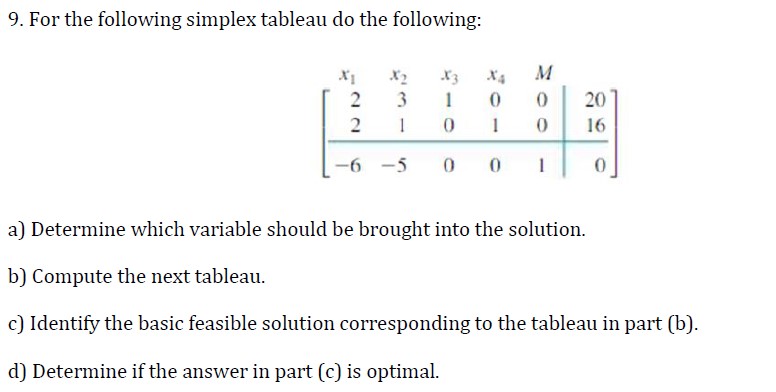Solved For the following simplex tableau do the following:a) | Chegg.com