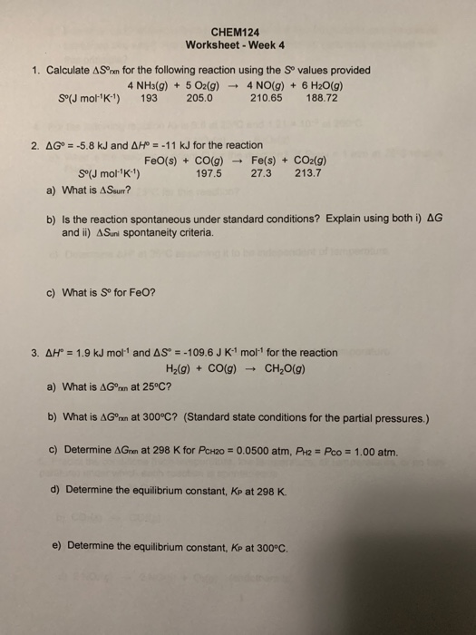Solved CHEM124 Worksheet - Week 4 1. Calculate ASn for the | Chegg.com