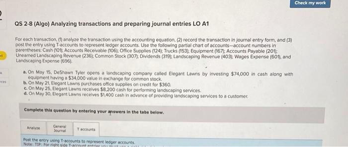 Solved QS 2-8 (Algo) Analyzing transactions and preparing | Chegg.com