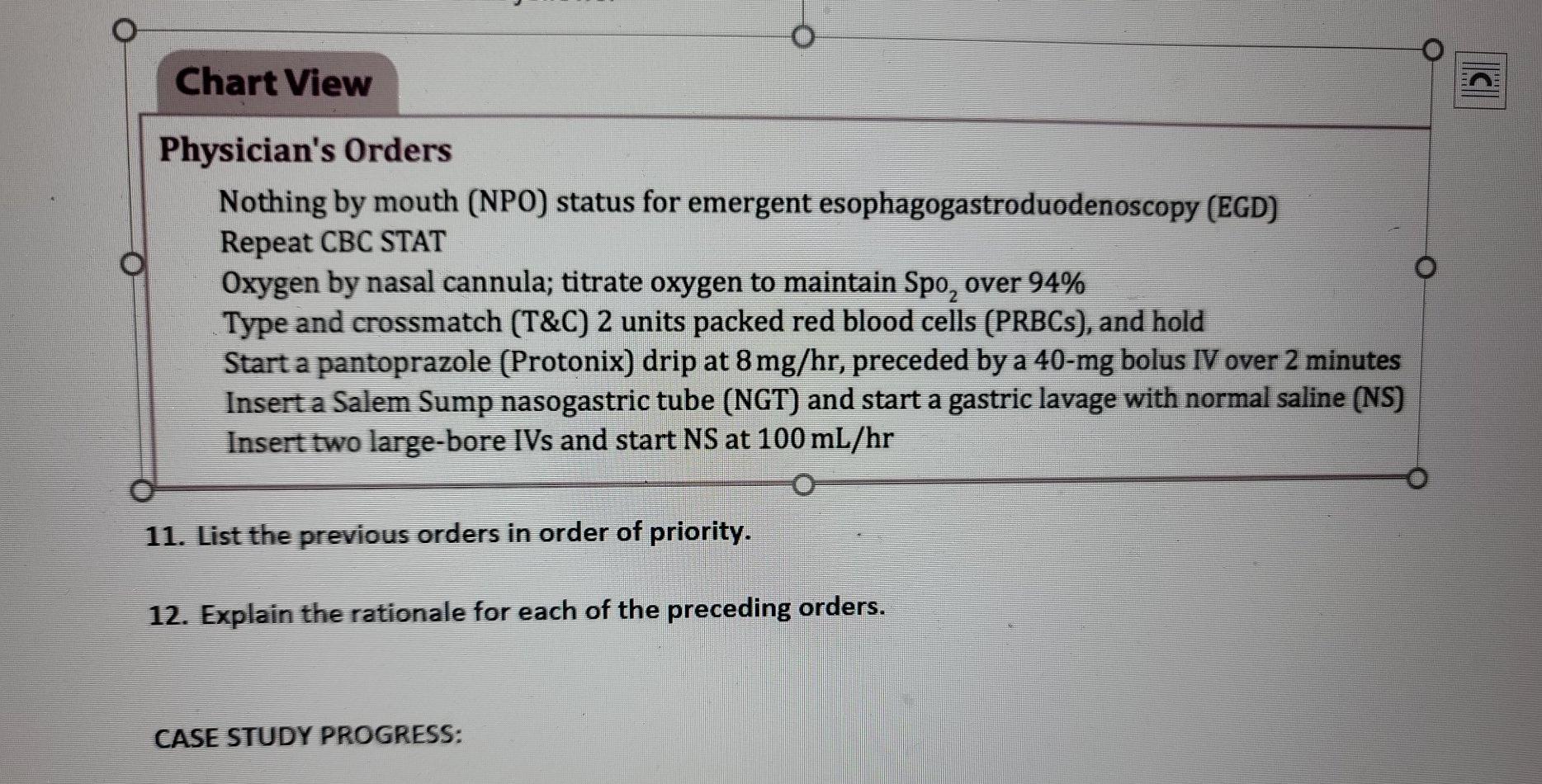 Solved Chart View Physician's Orders Nothing by mouth (NPO) | Chegg.com