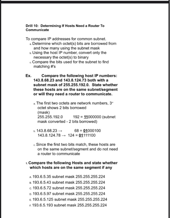 Solved Drill 10: Determining if Hosts Need a Router To | Chegg.com