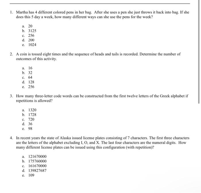Solved 1. Martha has 4 different colored pens in her bag. | Chegg.com