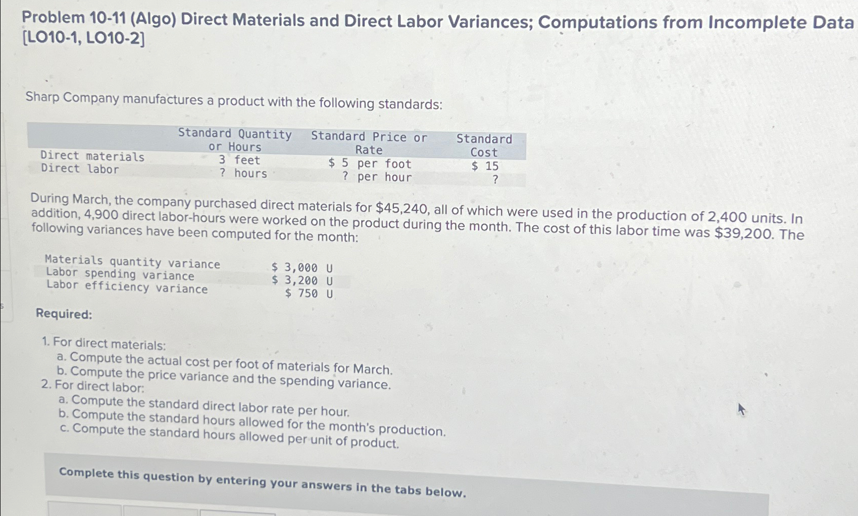 Problem 10-11 (Algo) ﻿Direct Materials and Direct | Chegg.com