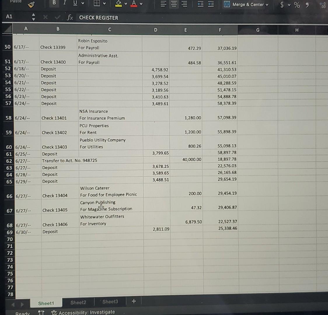 Sheet1 Sheet2A1 ∇fx CHECKREGISTER\begin{tabular}{c|c} | Chegg.com