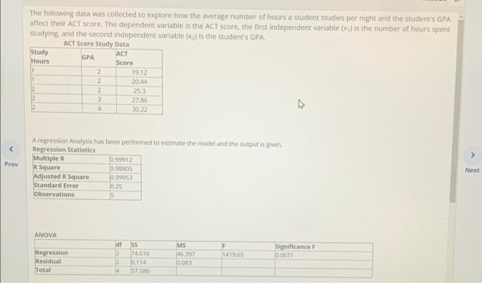 Solved The following data was collected to explore how the | Chegg.com
