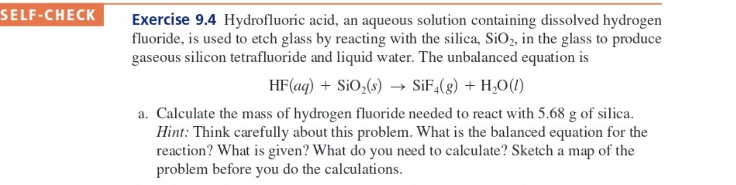 Solved Exercise 9.4 Hydrofluoric acid, an aqueous solution | Chegg.com