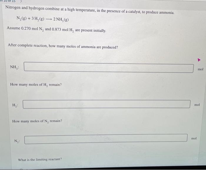 Solved Nitrogen and hydrogen combine at a high temperature, | Chegg.com