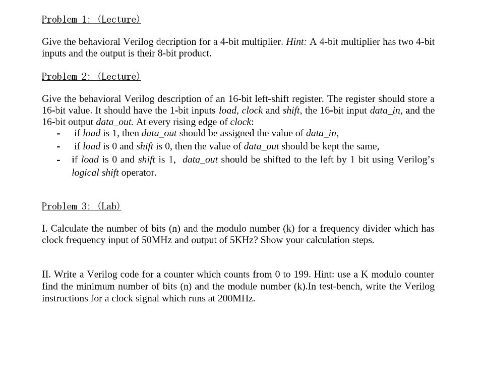 Problem 1: (Lecture) Give the behavioral Verilog | Chegg.com