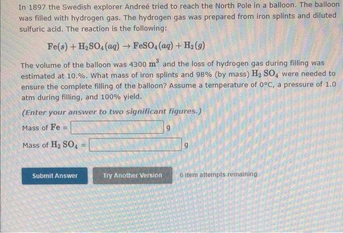Solved In 1897 the Swedish explorer Andreé tried to reach | Chegg.com