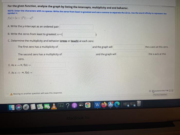 Solved For the given function, analyze the graph by listing | Chegg.com