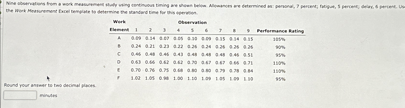 Solved Nine observations from a work measurement study using | Chegg.com