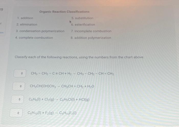 Solved Organic Reaction Classifications 1. addition 5. | Chegg.com