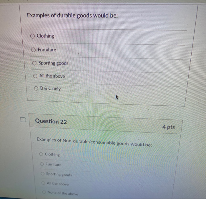 Solved Examples of durable goods would be: Clothing | Chegg.com