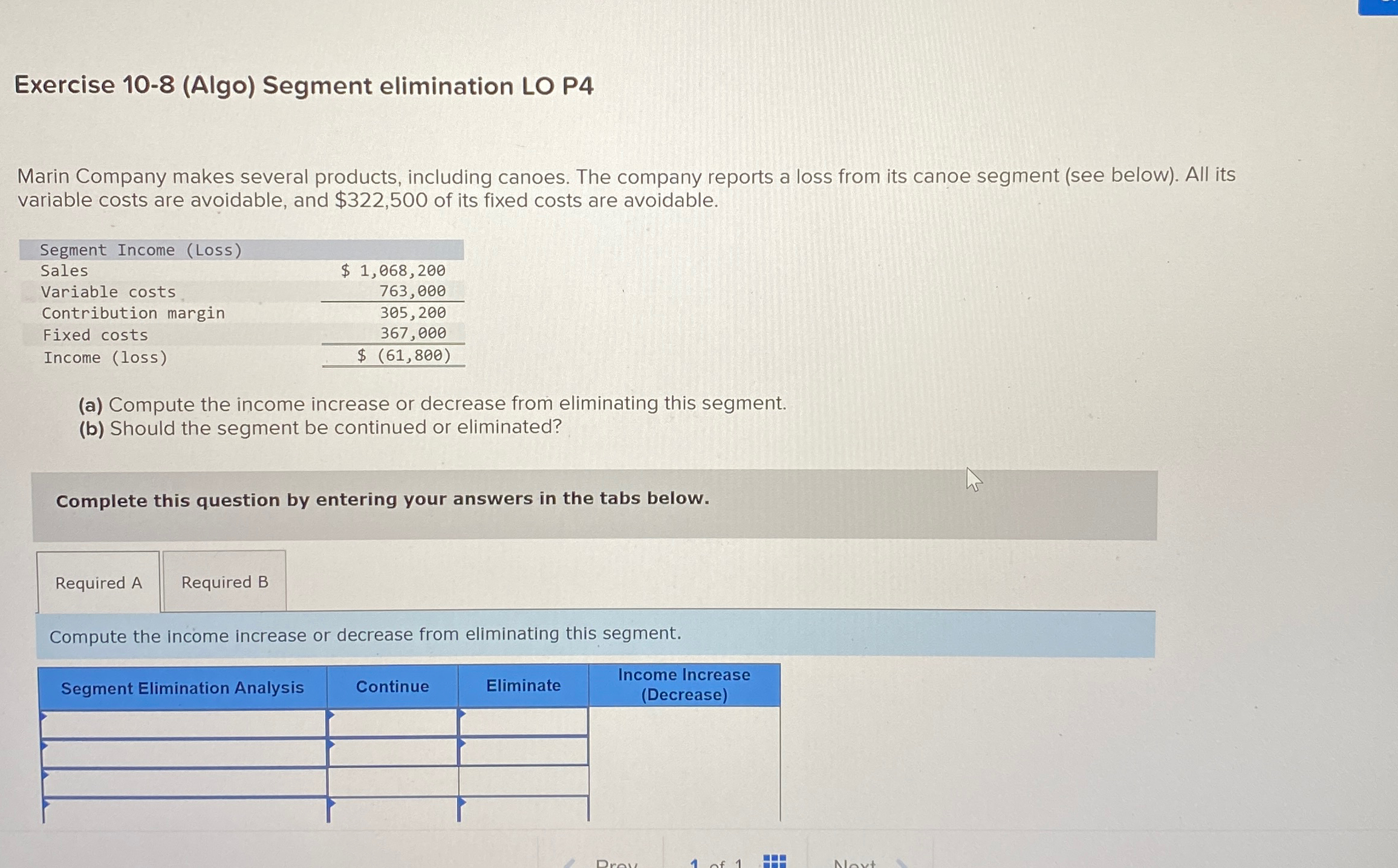Solved Exercise 10-8 (Algo) ﻿Segment elimination LO P4Marin | Chegg.com