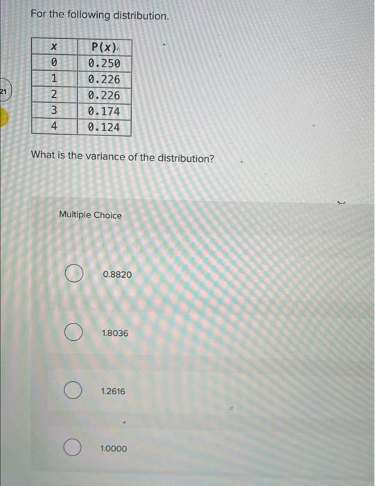 [Solved]: For the following distribution. What is the varia