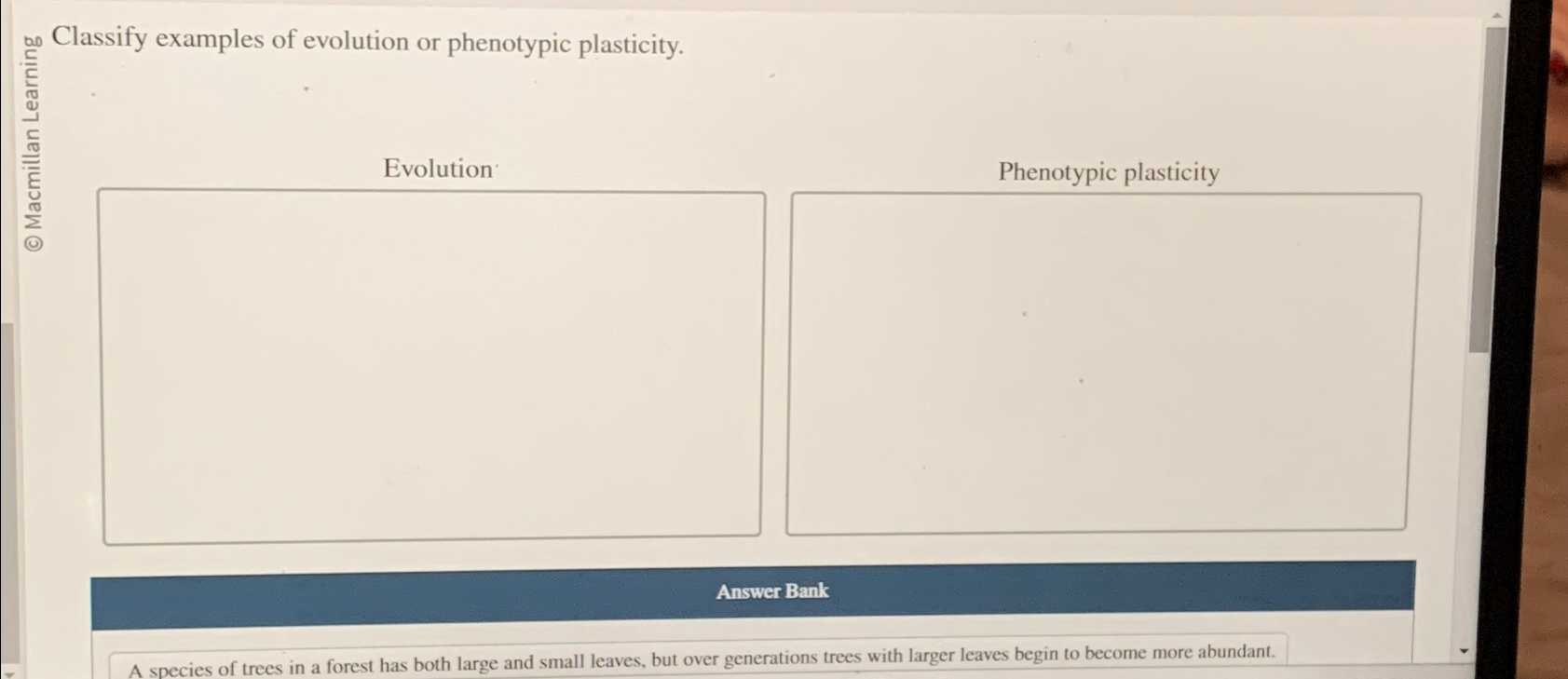 Solved ar Classify examples of evolution or phenotypic | Chegg.com