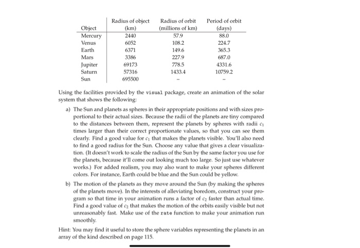 Exercise 3.5: Visualization of the solar system The | Chegg.com